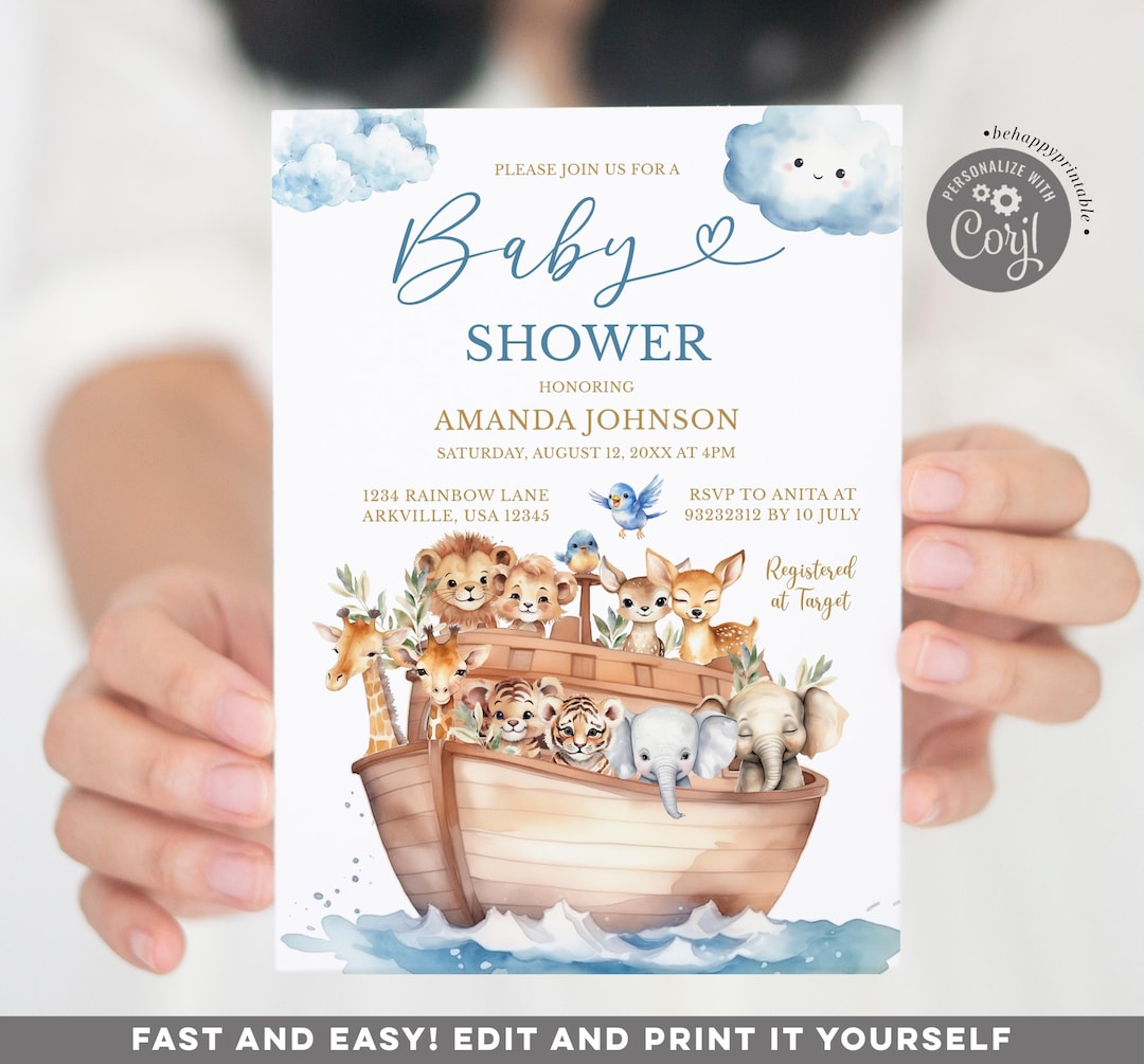 Editable Watercolor Noah's Ark Baby Shower Invitation, Cute Noah's Ark ...