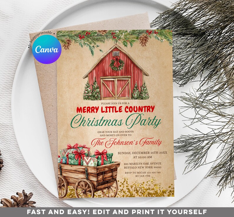 EDITABLE Rustic Barn Merry Little Country Christmas Party Invitation ...