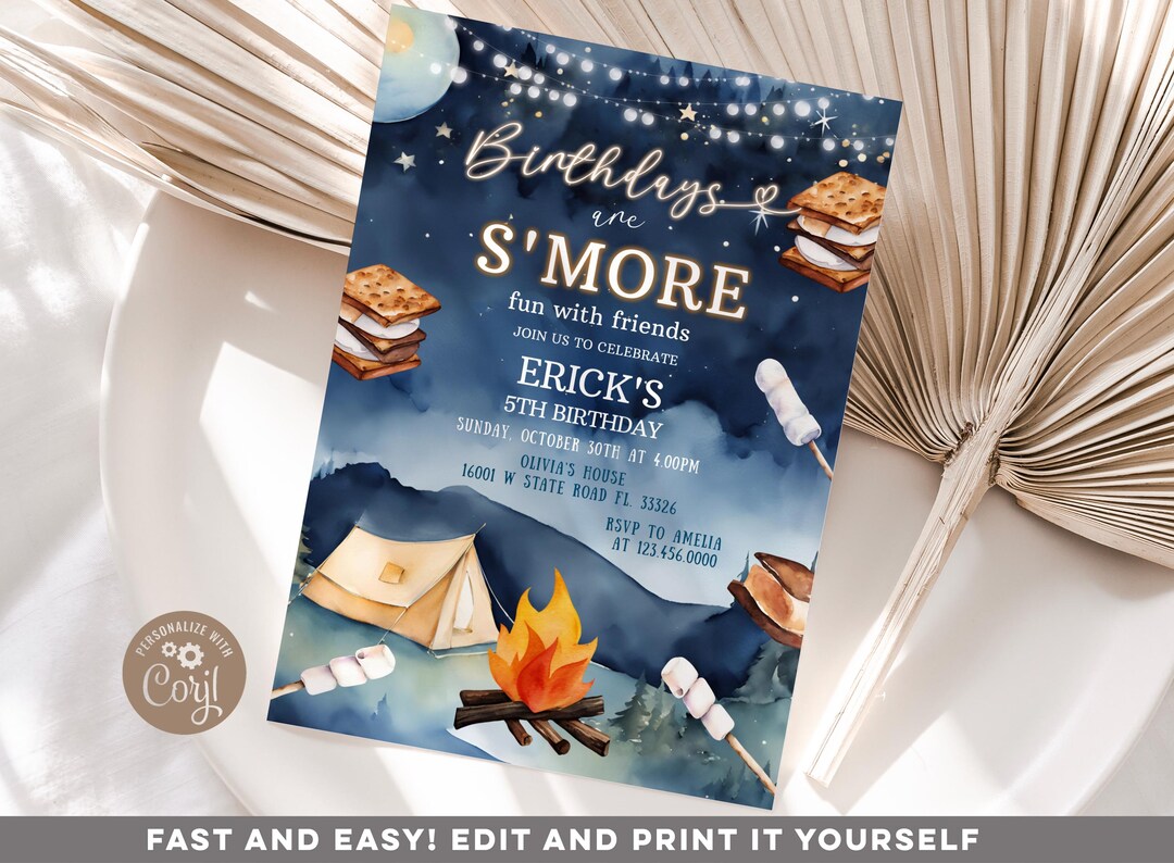 EDITABLE S'mores Fun Night Campfire Tent Party Invitation, Woodland ...