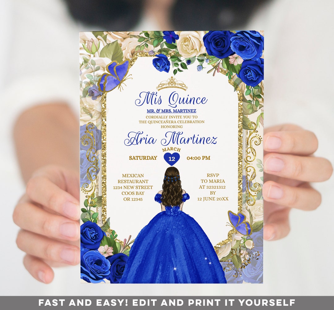 Editable Royal Blue Mis Quince Invitations, Elegant Mexican Blue Gold ...