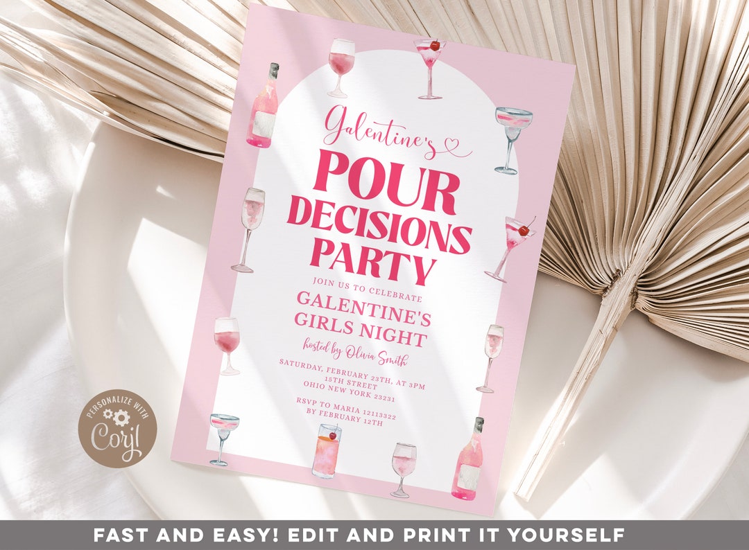 Editable Boho Pour Decisions Galentine's Invitation, Elegant Galentines ...