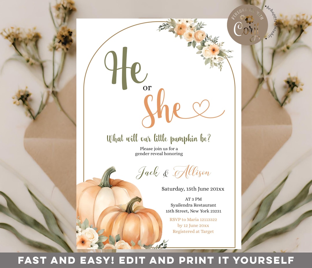 Editable He or She Pumpkin Gender Reveal Invitation, Elegant Pumpkin ...