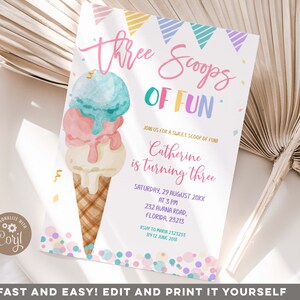 Editable Three Scoops of Fun 3rd Birthday Party Invitation, Gold ...