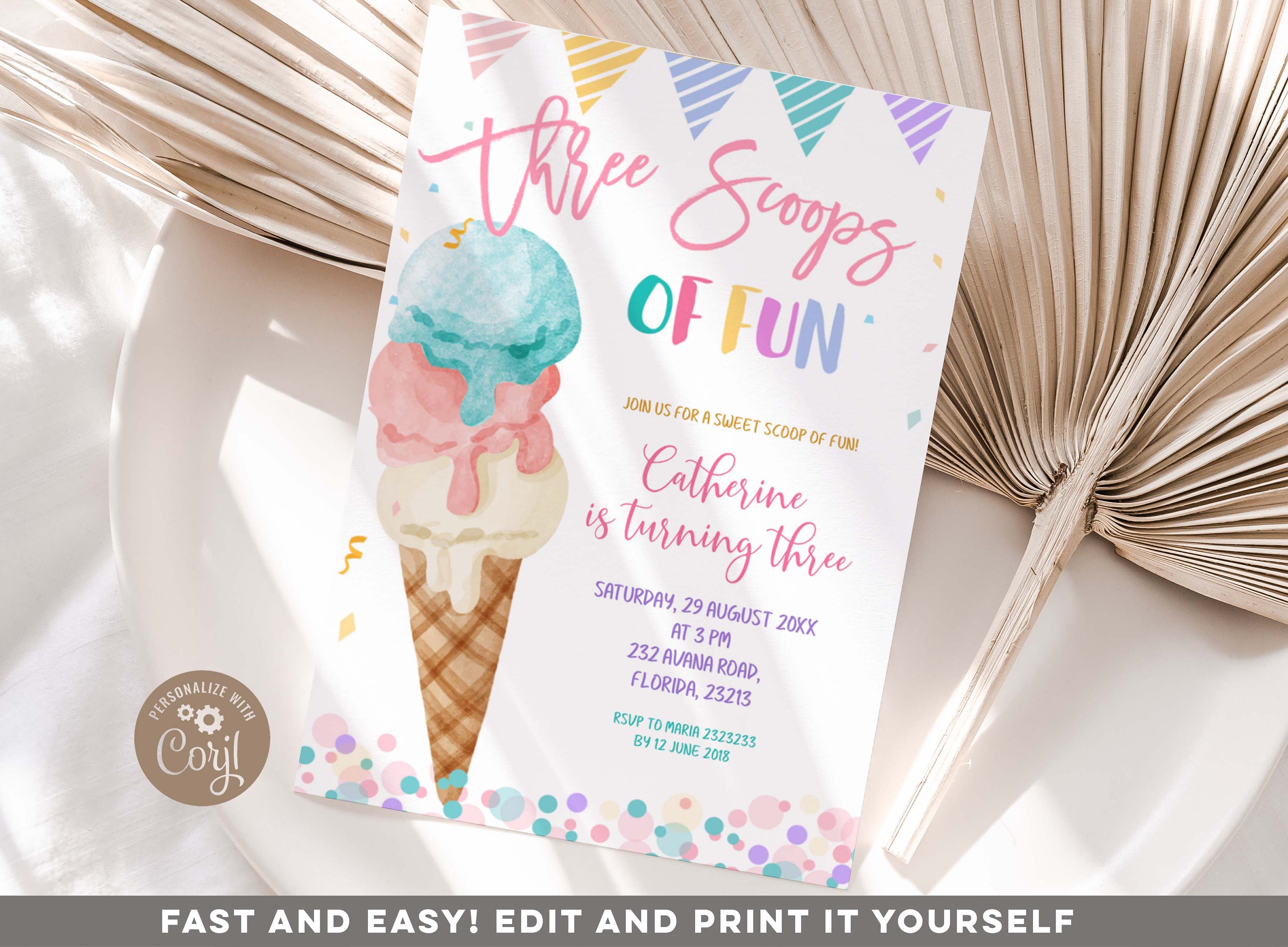 Editable Three Scoops of Fun 3rd Birthday Party Invitation, Gold ...