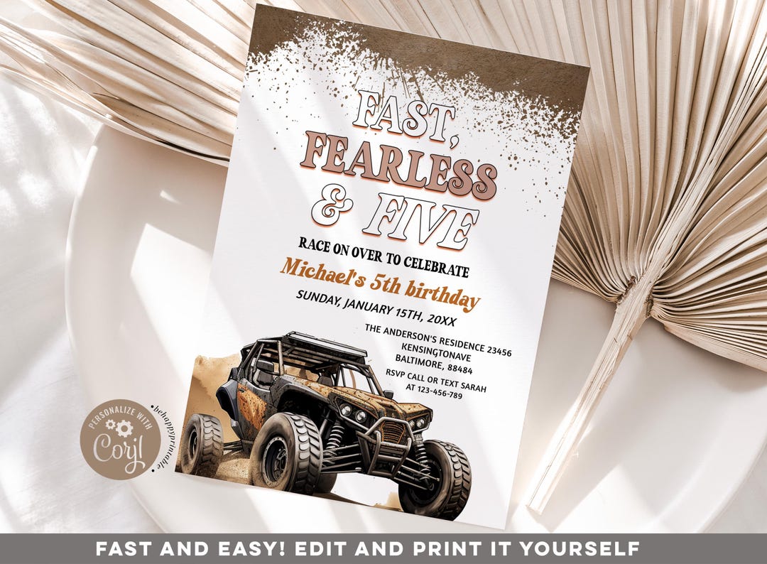 Editable Fast Fearless & FIVE Racing Birthday Invitation, Muddy ATV Any ...