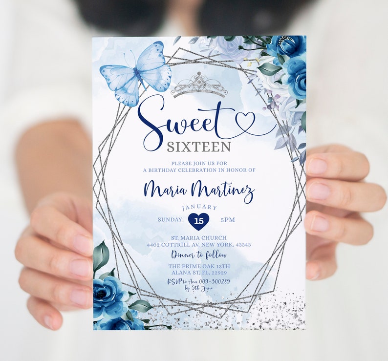 Editable Sweet Sixteen Navy Blue Flowers Birthday Invitation - Etsy