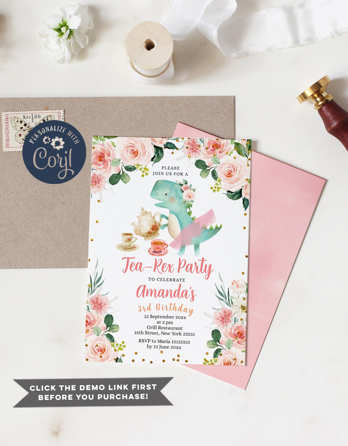 Tea-rex Tutu Party Dinosaur 3rd Birthday Invitation Editable - Etsy