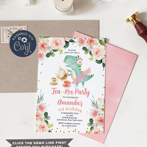 Tea-rex Tutu Party Dinosaur 3rd Birthday Invitation, Editable Girl ...