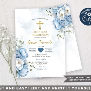 Editable Dusty Blue Flowers Holy Communion Invitation, Blue Dusty Gold ...