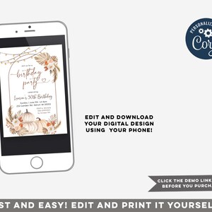 Editable Boho Rustic Pumpkin Fall Birthday Party Invitation, Elegant ...