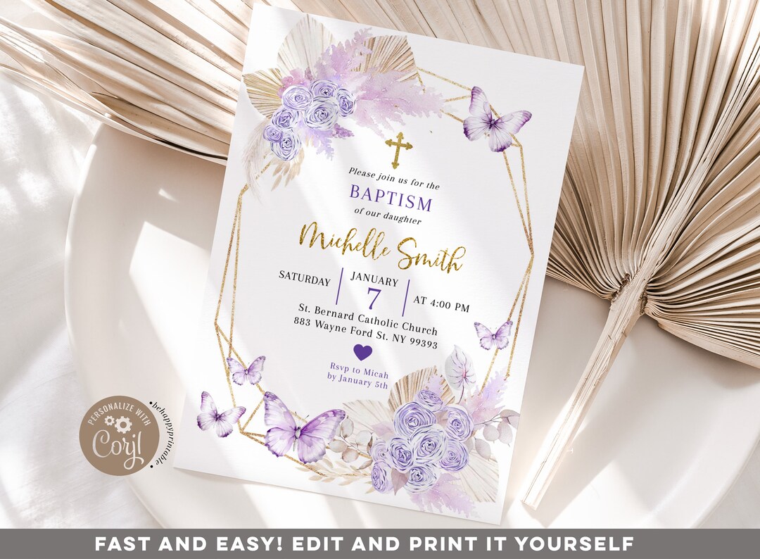 Editable Boho Purple Baptism Invitation, Lilac Gold Geometric Floral ...