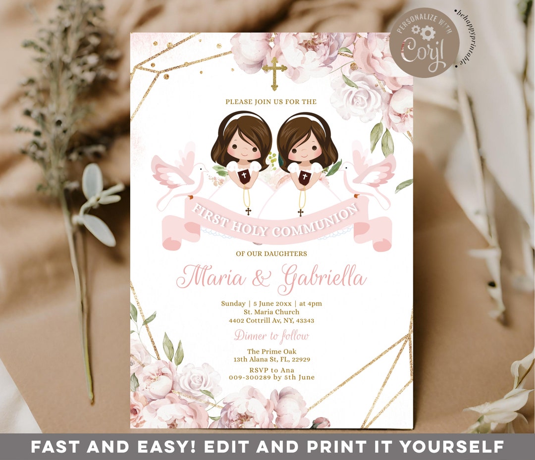 Elegant Twin Girl FIRST Holy Communion Pink Floral Invitation, Primera ...