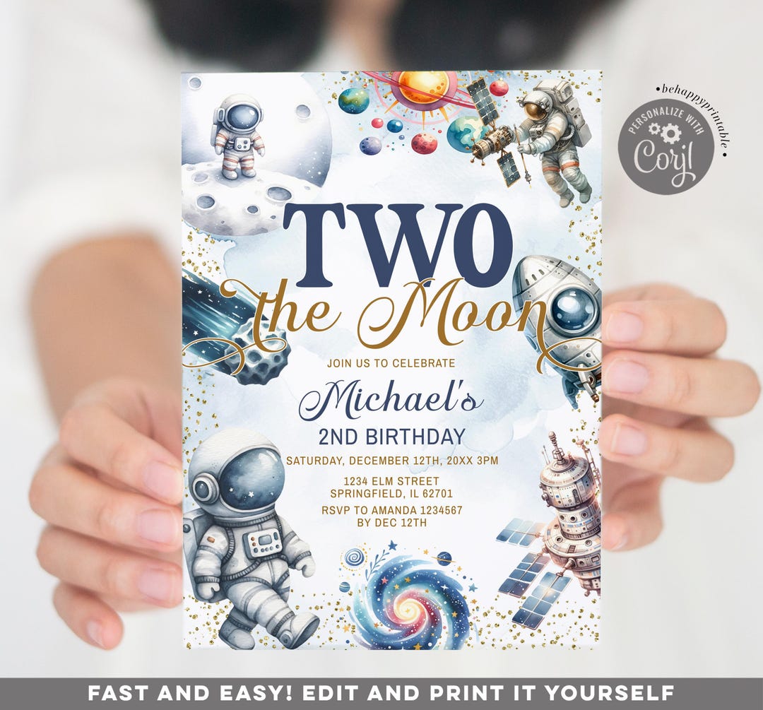 Editable Two the Moon Outer Space Boy 2nd Birthday Invitation ...