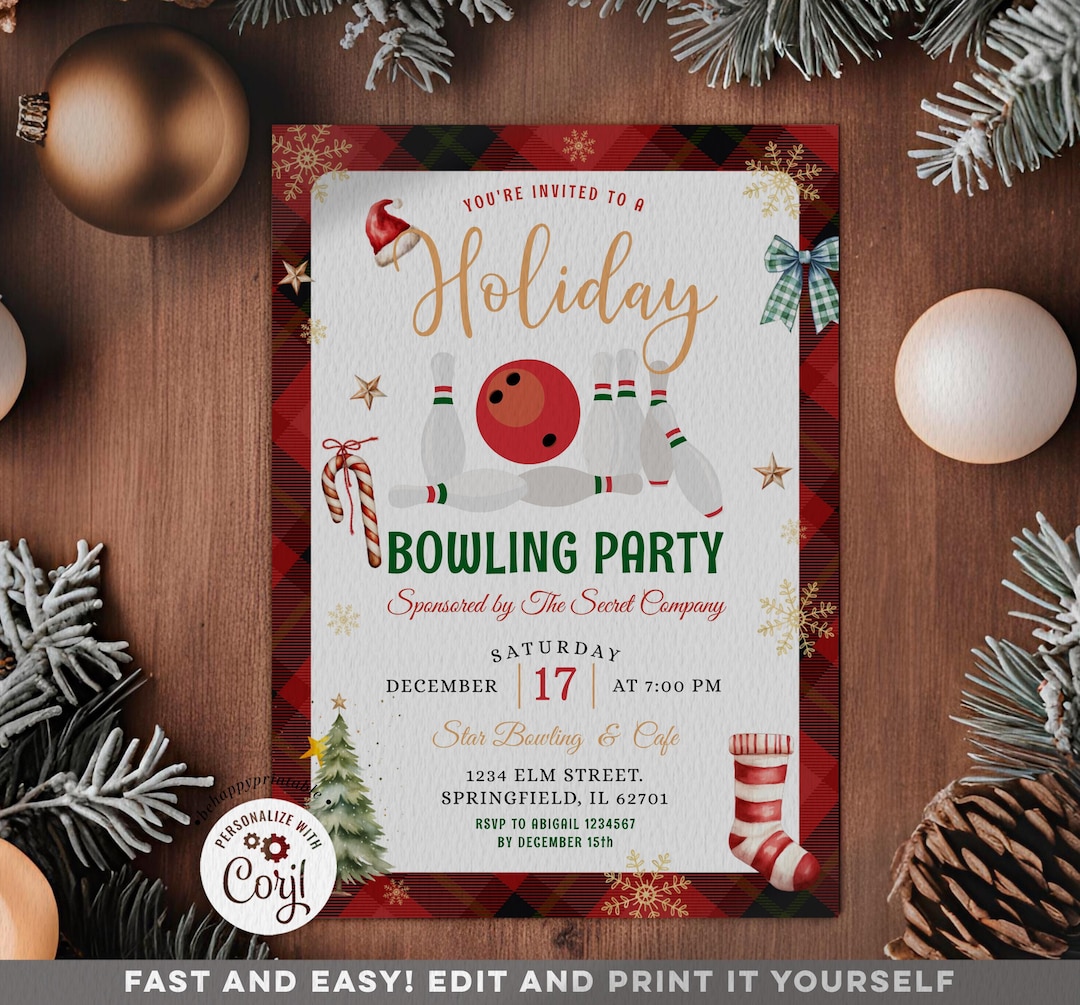 Editable Snowflake Gold Holiday Bowling Party Invitation, Buffalo Plaid ...
