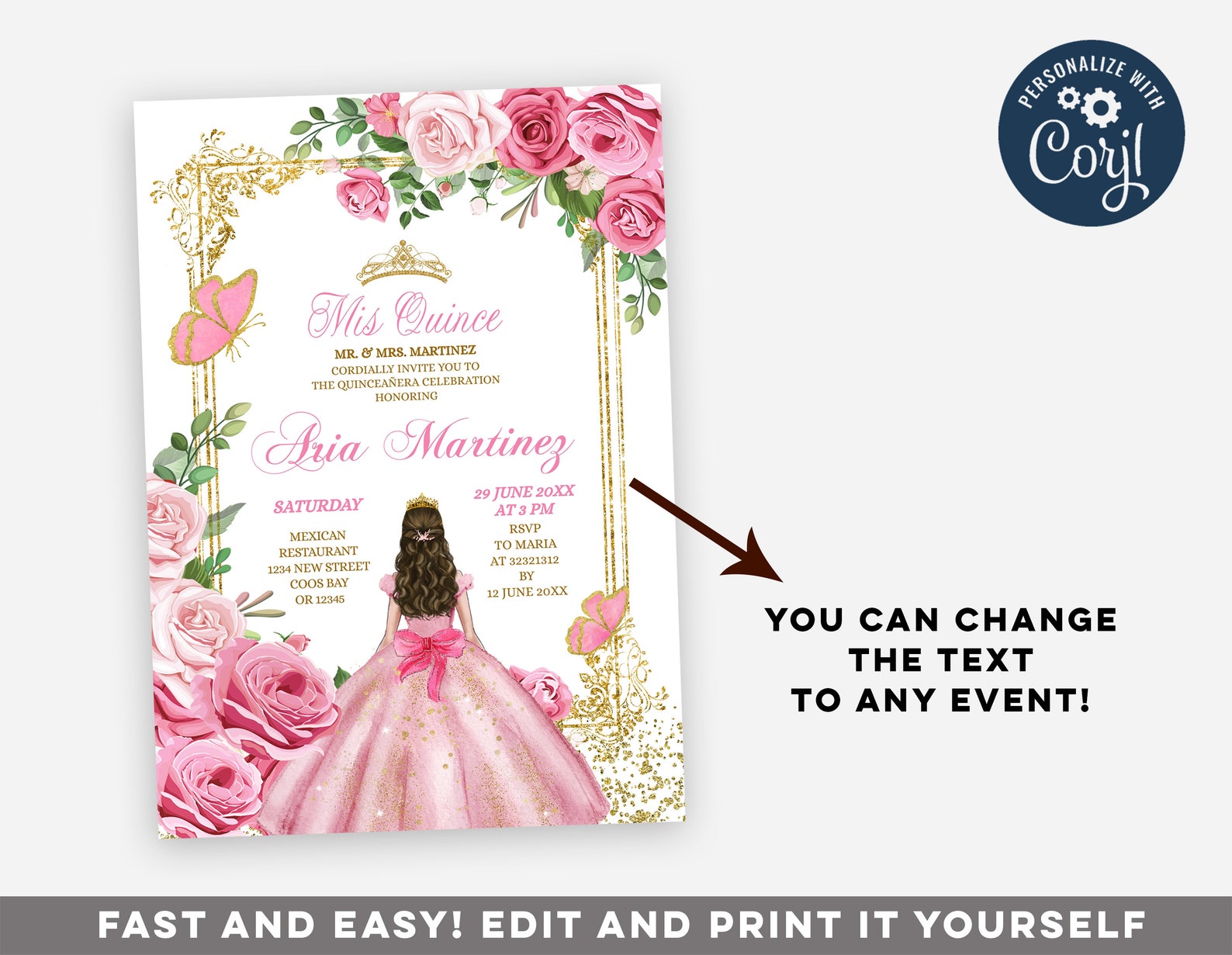 Editable Pink Mexican Mis Quince 15 Anos Invitation, Elegant Princess ...