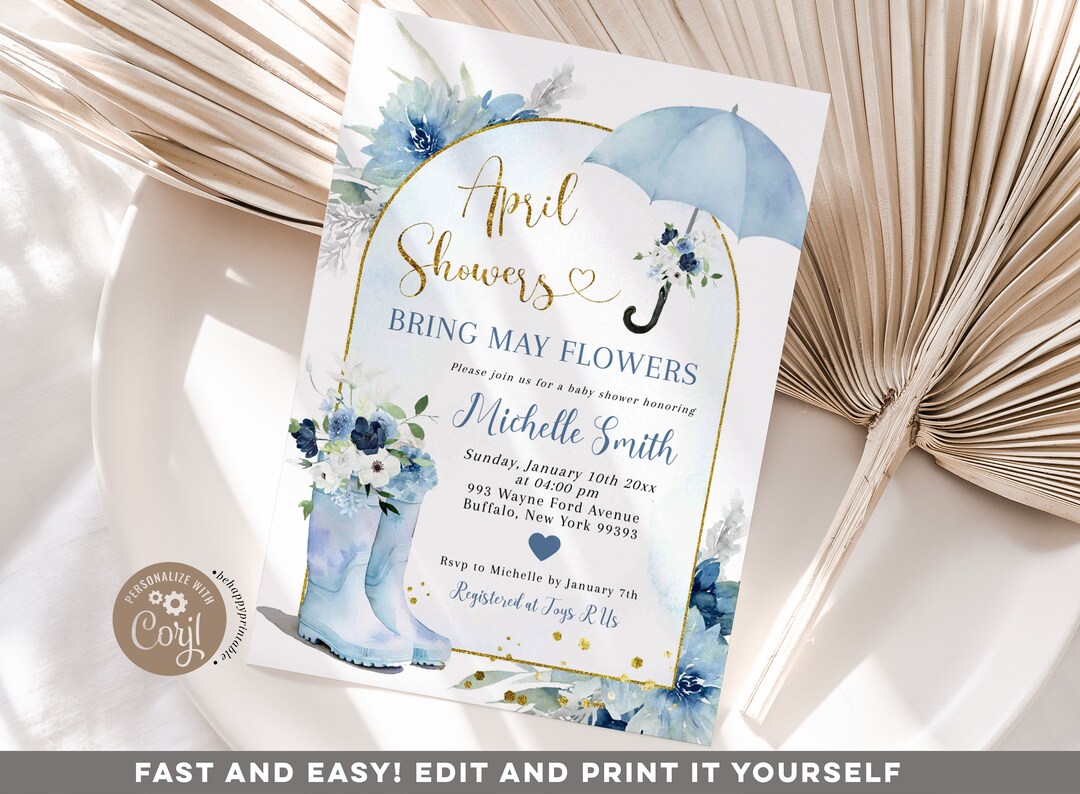 Editable Dusty Blue April Showers Bring May Flowers Invitation, Blue ...