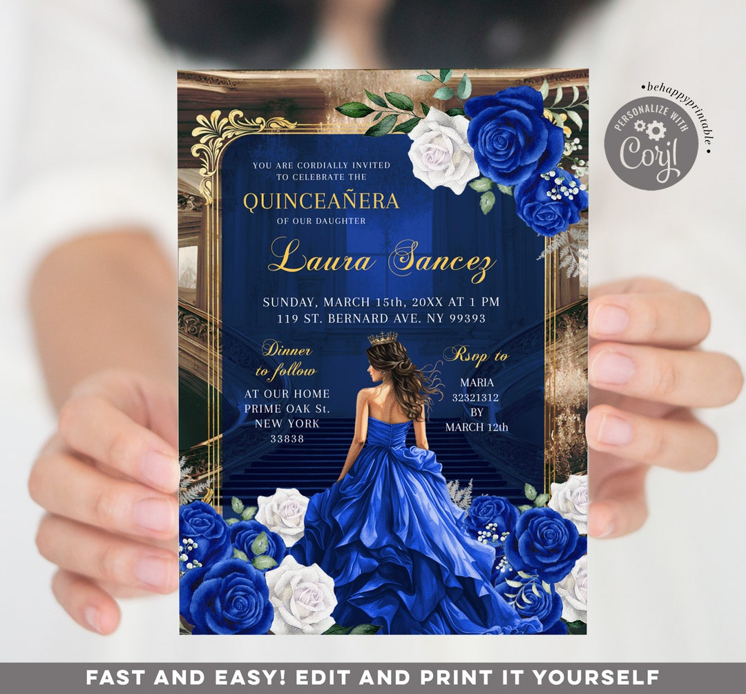 Editable Royal Blue Grand Palace Mis Quince Invitation, Elegant Blue ...