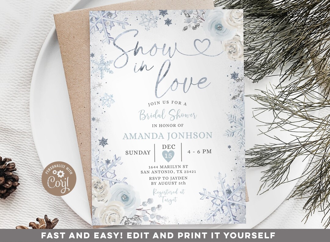 Editable Snow in Love Winter Pastel Blue Snowflake Bridal Shower ...