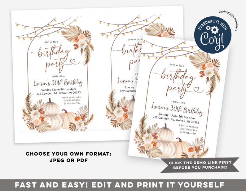 Editable Boho Rustic Pumpkin Fall Birthday Party Invitation - Etsy
