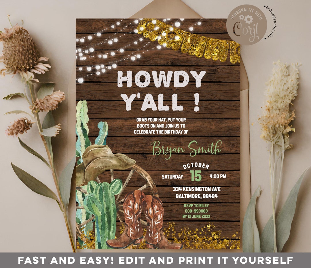 Editable Howdy Y'all Southwestern Rustic Wood Birthday Invitation ...