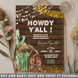Editable Howdy Y'all Southwestern Rustic Wood Birthday Invitation ...