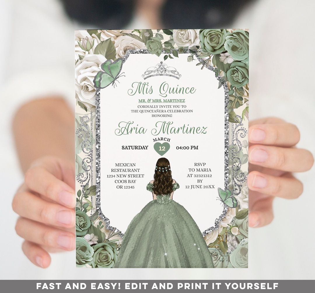 Editable Sage Green Silver Mis Quince Mexican Princess 15 Anos ...