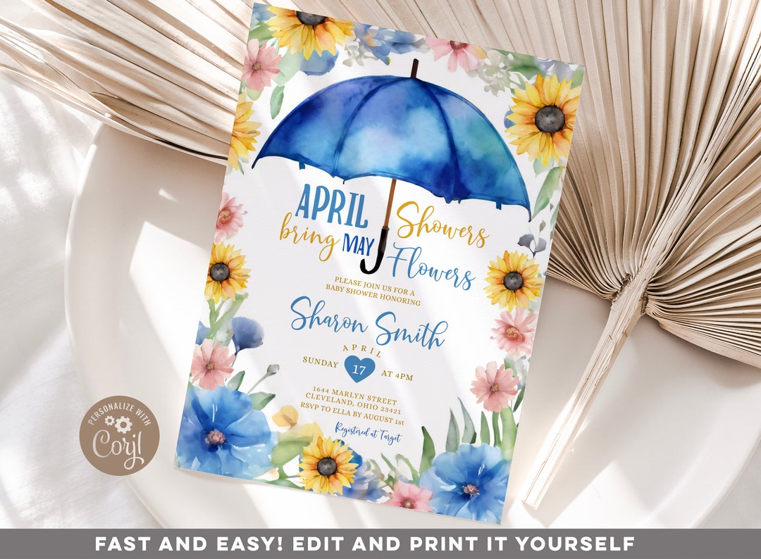 Editable Sunflowers Blue Umbrella April Showers Blue Flowers Bring May ...