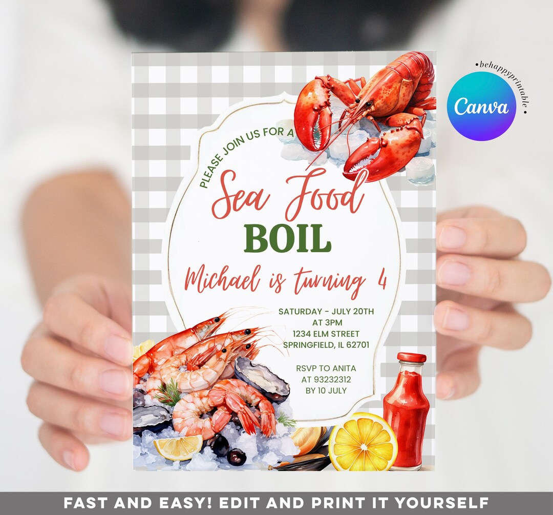 Editable Seafood Boil Let the Good Times String Light Grey Gingham ...