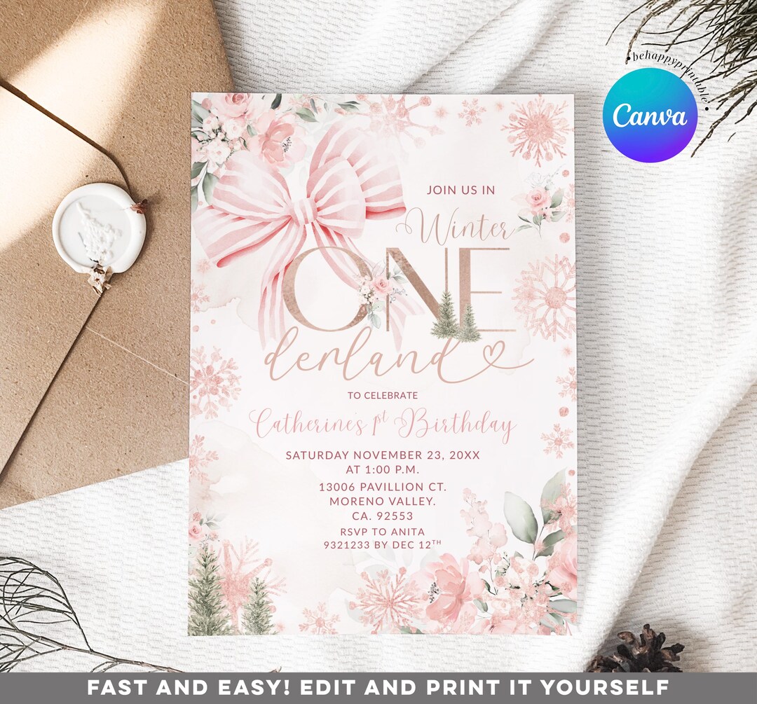 Winter Onederland Pink Bow 1st Birthday Invitation, Pink Winter ...