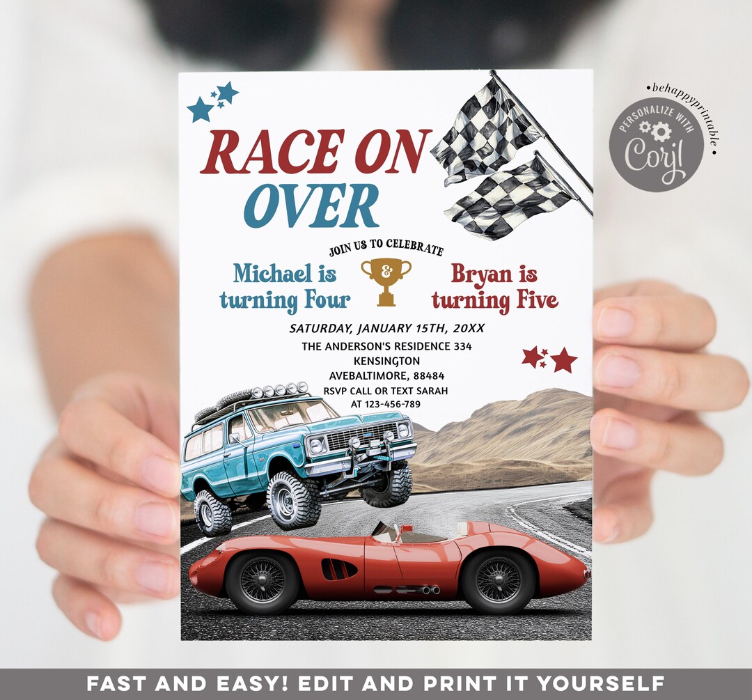Editable Race on Over Racing Car Joint Birthday Invitation, Double ...