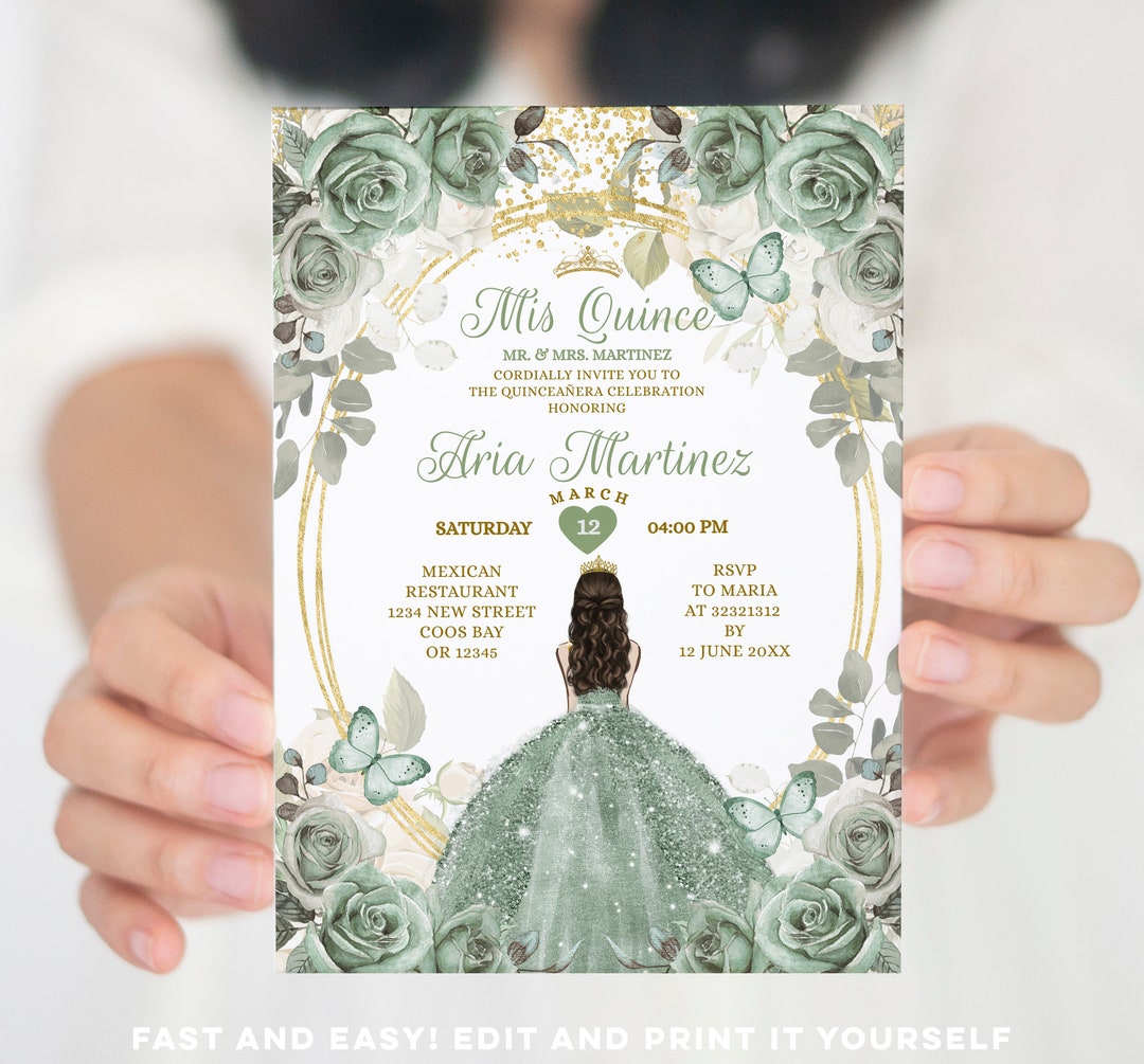 Editable Dusty Green Mexican Princess Quinceañera Invite, Elegant ...