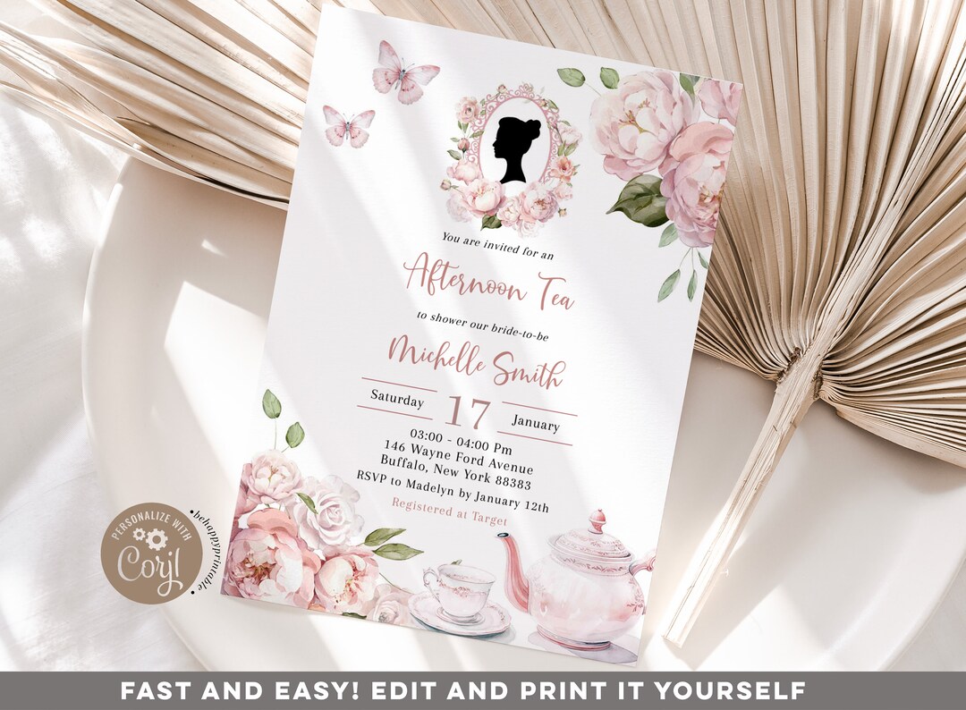 Editable Blush Pink English Afternoon Tea Invitation, Pink Roses Floral ...