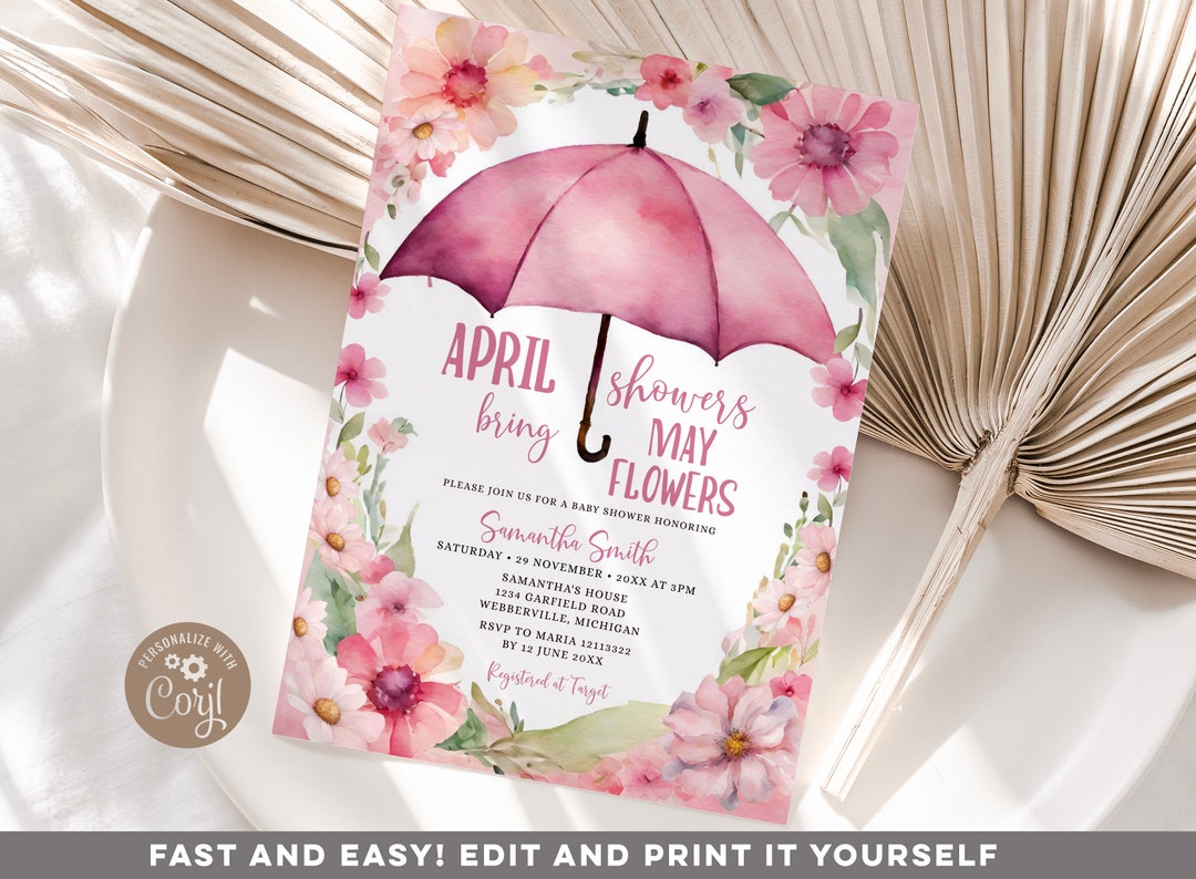 Editable Pink Umbrella April Showers Bring May Flowers Baby Shower ...