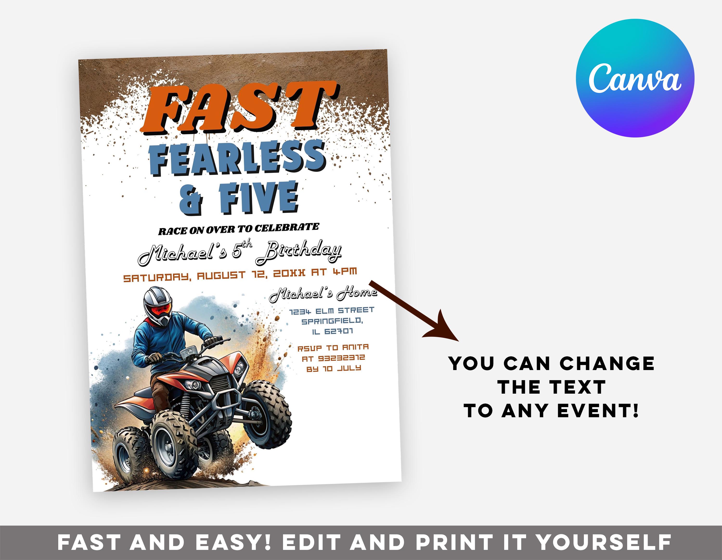 Editable Fast Fearless & FIVE Racing Birthday Invitation, Muddy ATV Any ...