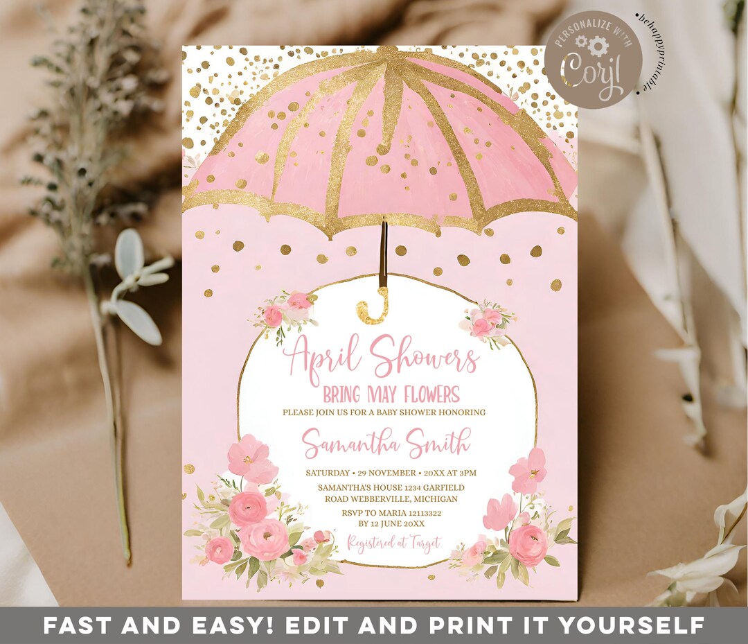 Elegant Blush Pink Umbrella April Showers Bring May Flowers Gold ...