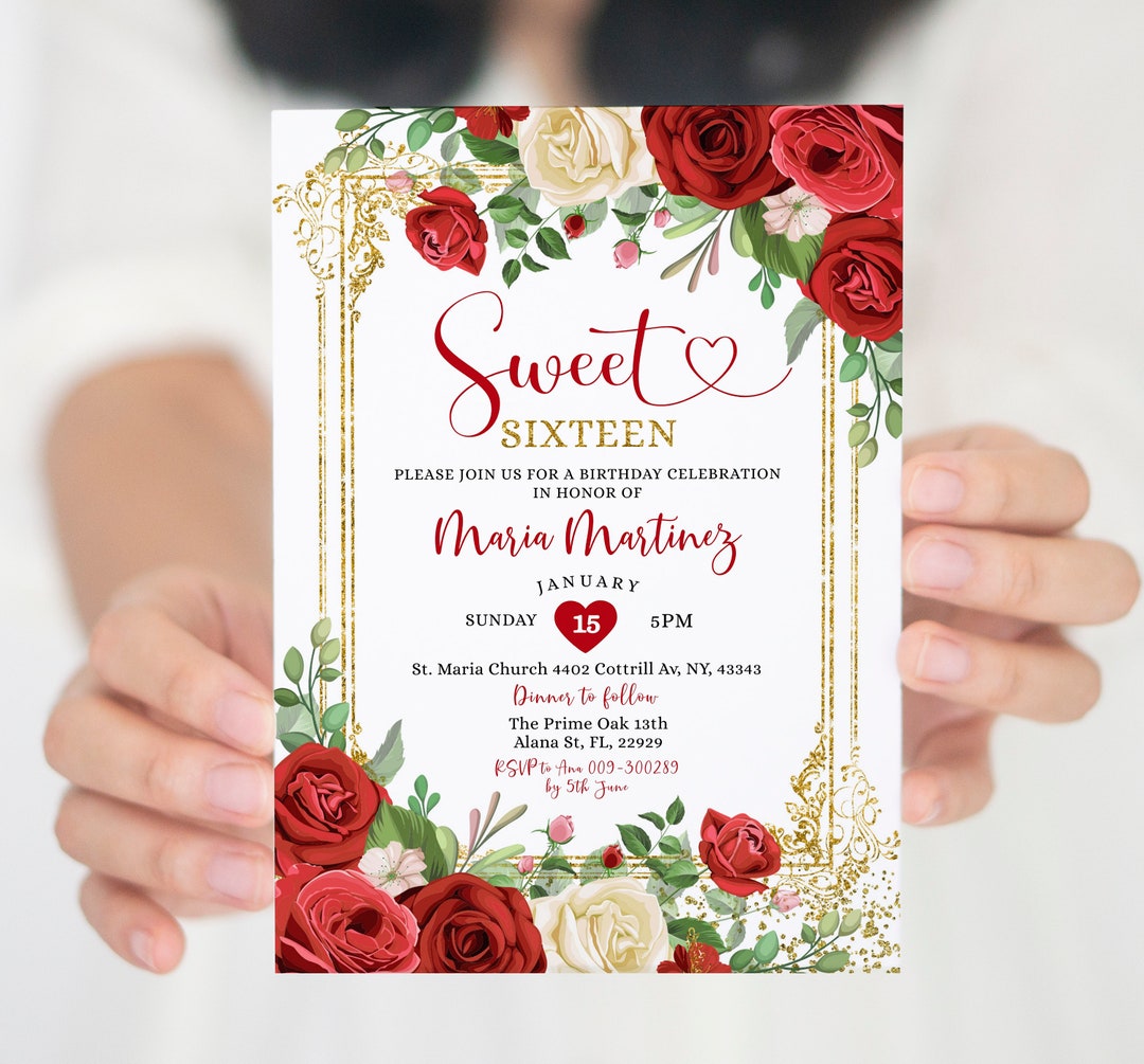 Editable Sweet Sixteen Red Roses Flowers Birthday Gold Invitation ...