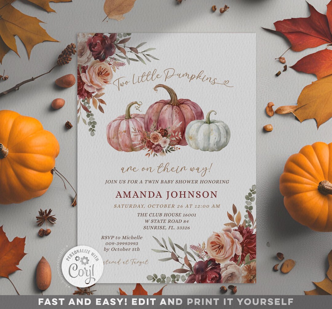 Editable Two Little Pumpkins Are on the Way Baby Shower Autumn ...