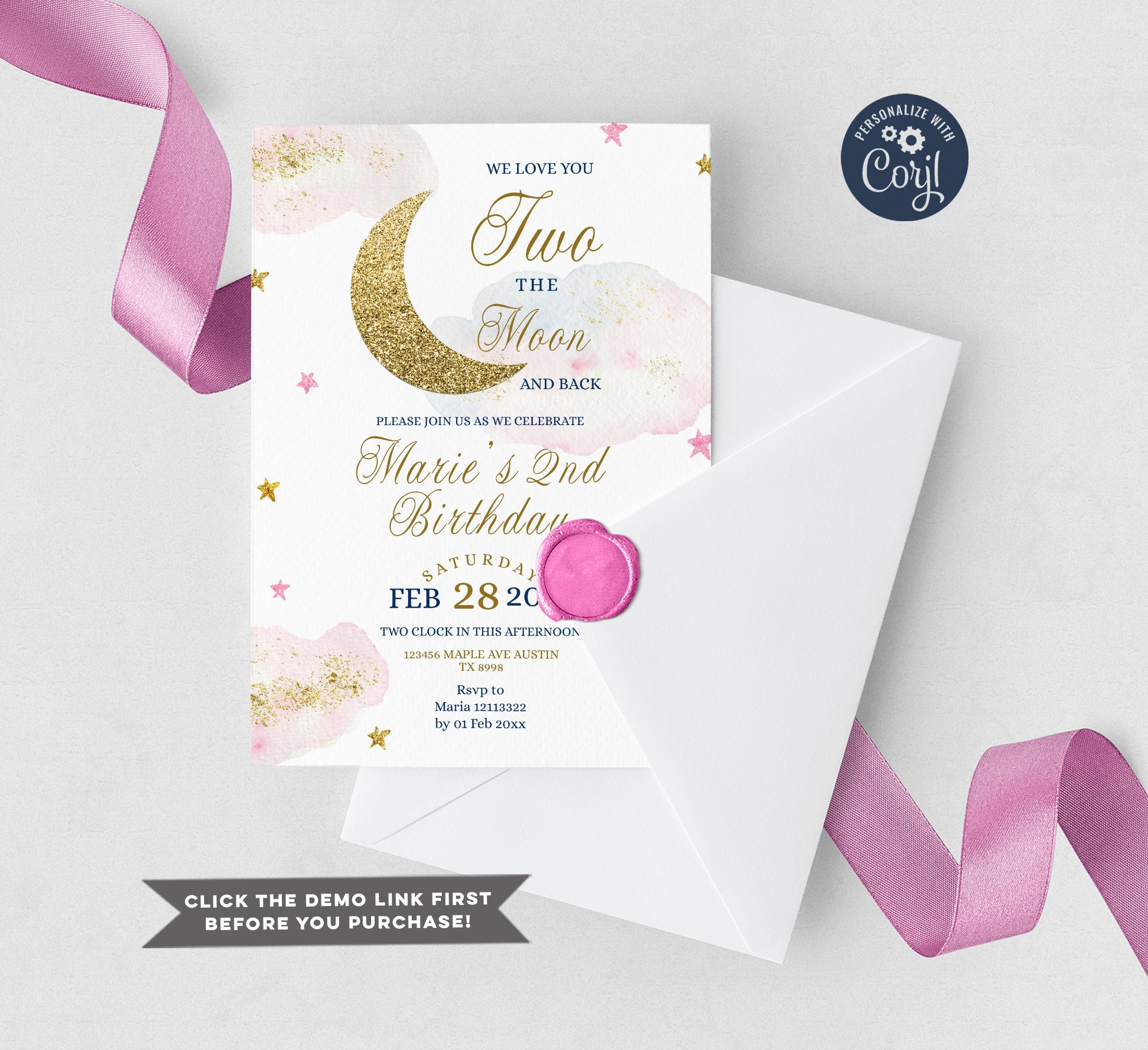 Pink Two the Moon Invitation 2nd Birthday Editable Gold Moon - Etsy