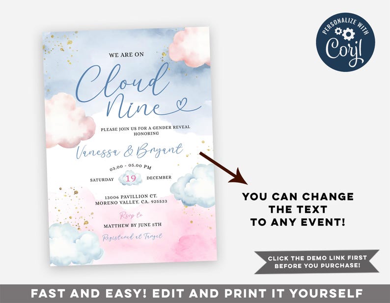 Editable Blue Pink Blush Cloud Gender Reveal Invitation, on Cloud Nine ...