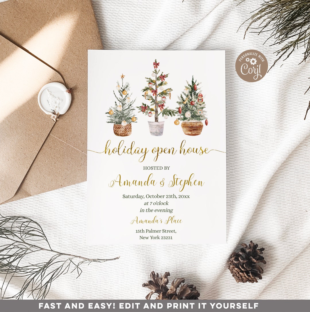 Editable Holiday Open House Invitation, Printable Winter Floral ...