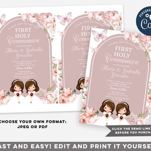 Editable Twin Girl FIRST Holy Communion Pink Floral Invitation ...