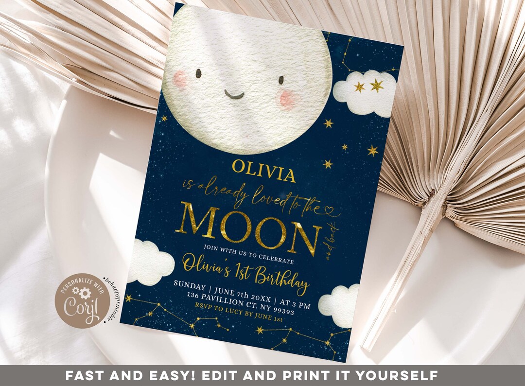 Editable Moon Stars Celestial Birthday Invitation, Loved to the Moon ...