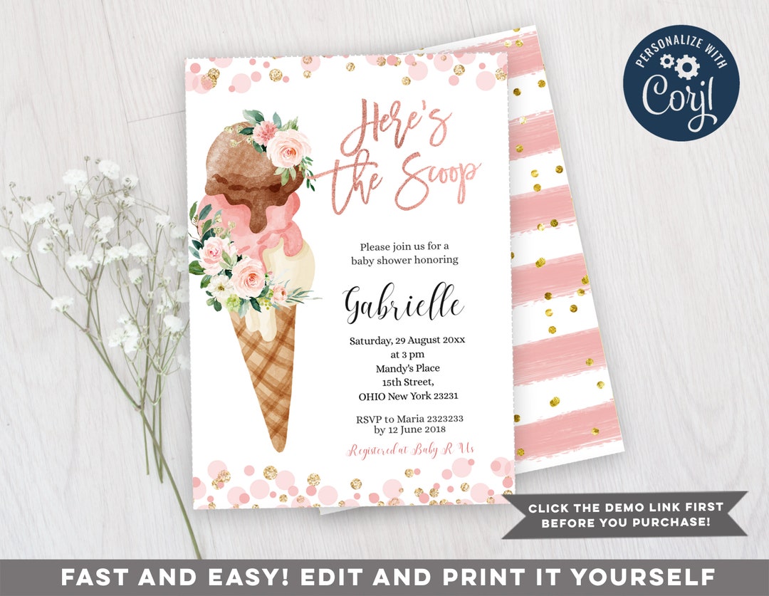 Editable Ice Cream Here's the Scoop Invitation Ice Cream - Etsy