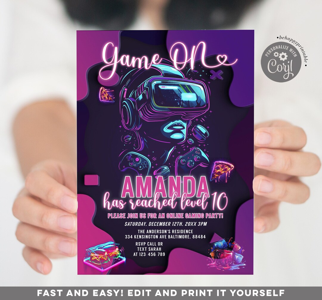 Editable Video Game Party Invitations for Girl Cyber Gamer Pizza ...