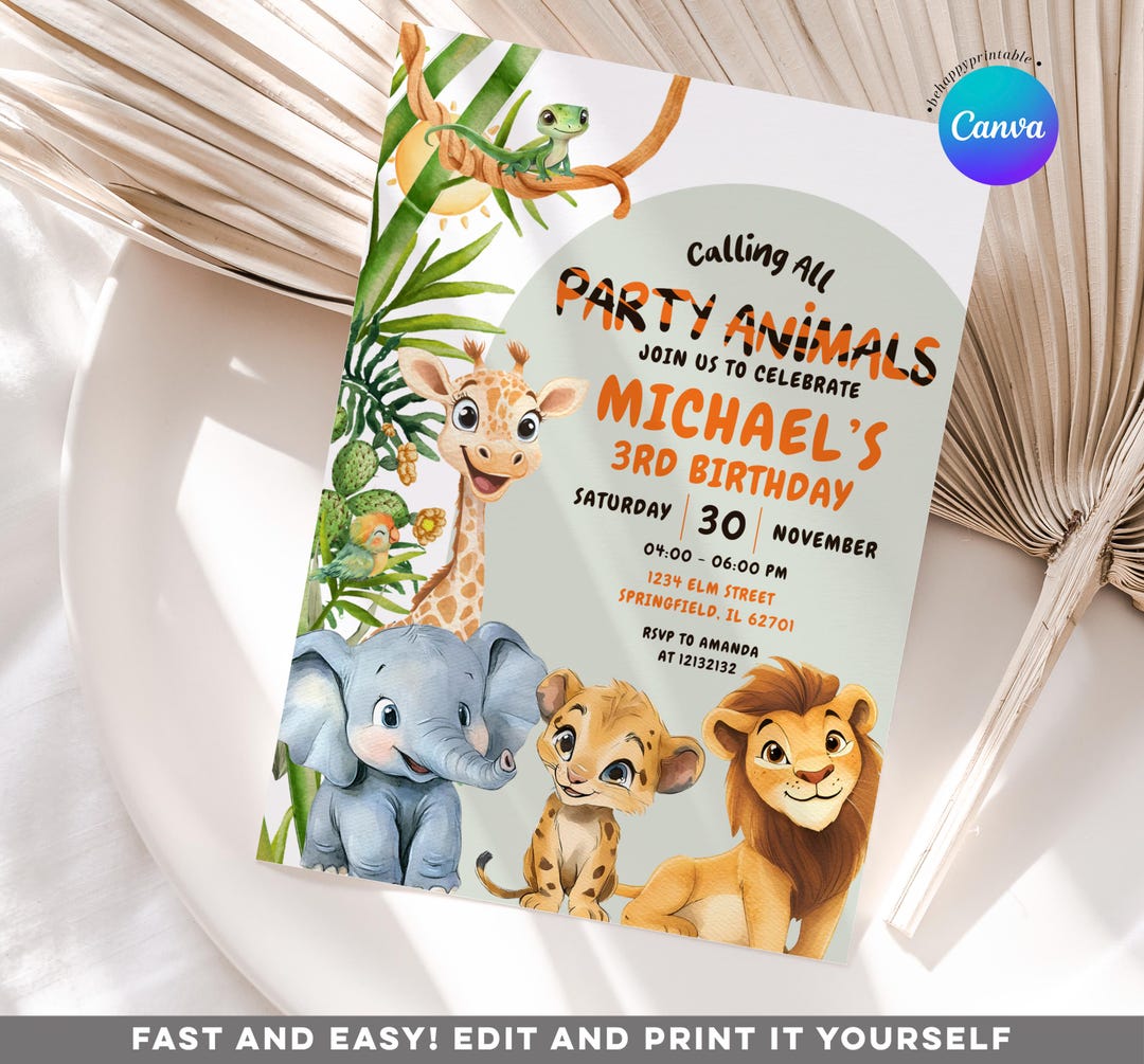 EDITABLE Calling All Party Animals Boy Jungle Birthday Invitation ...