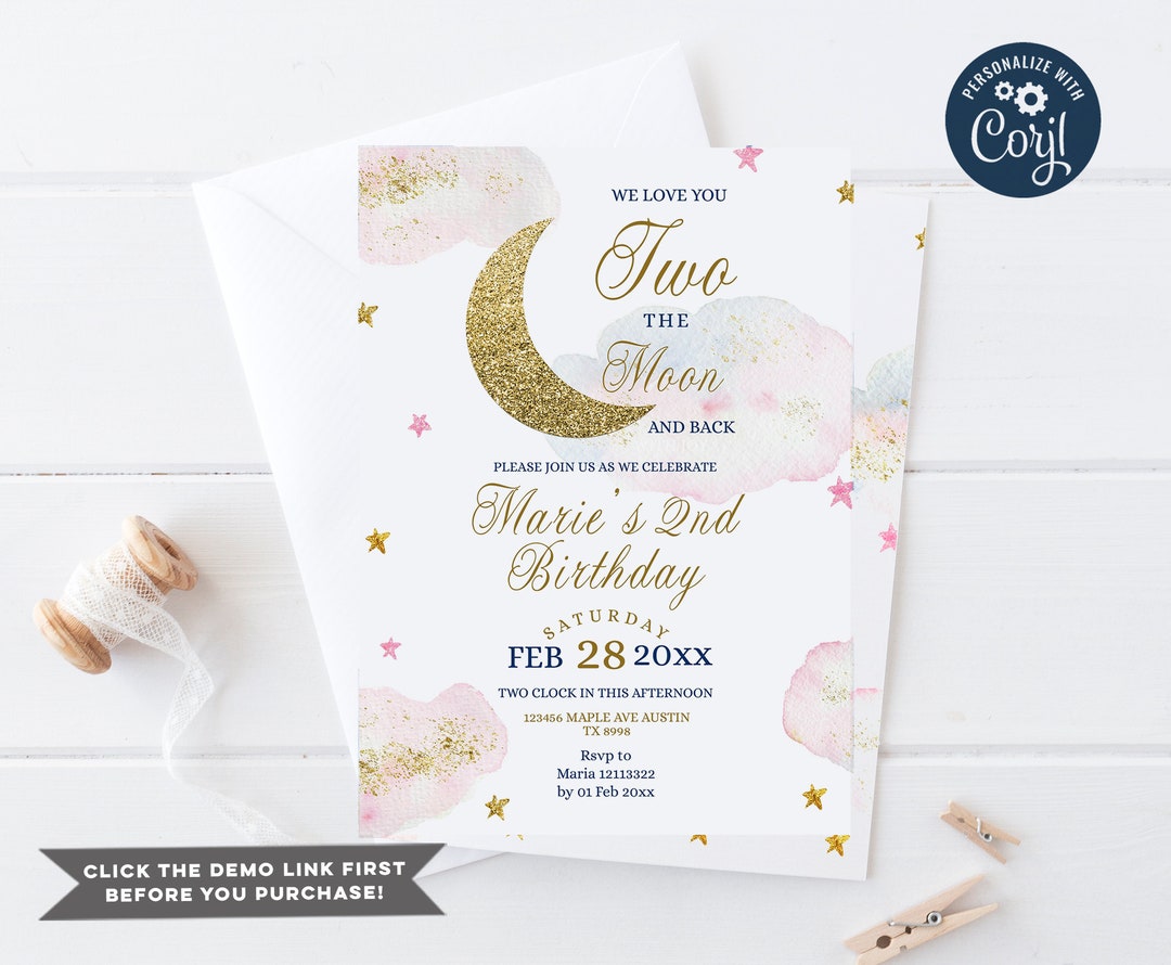 Pink Two the Moon Invitation 2nd Birthday Editable Gold Moon - Etsy
