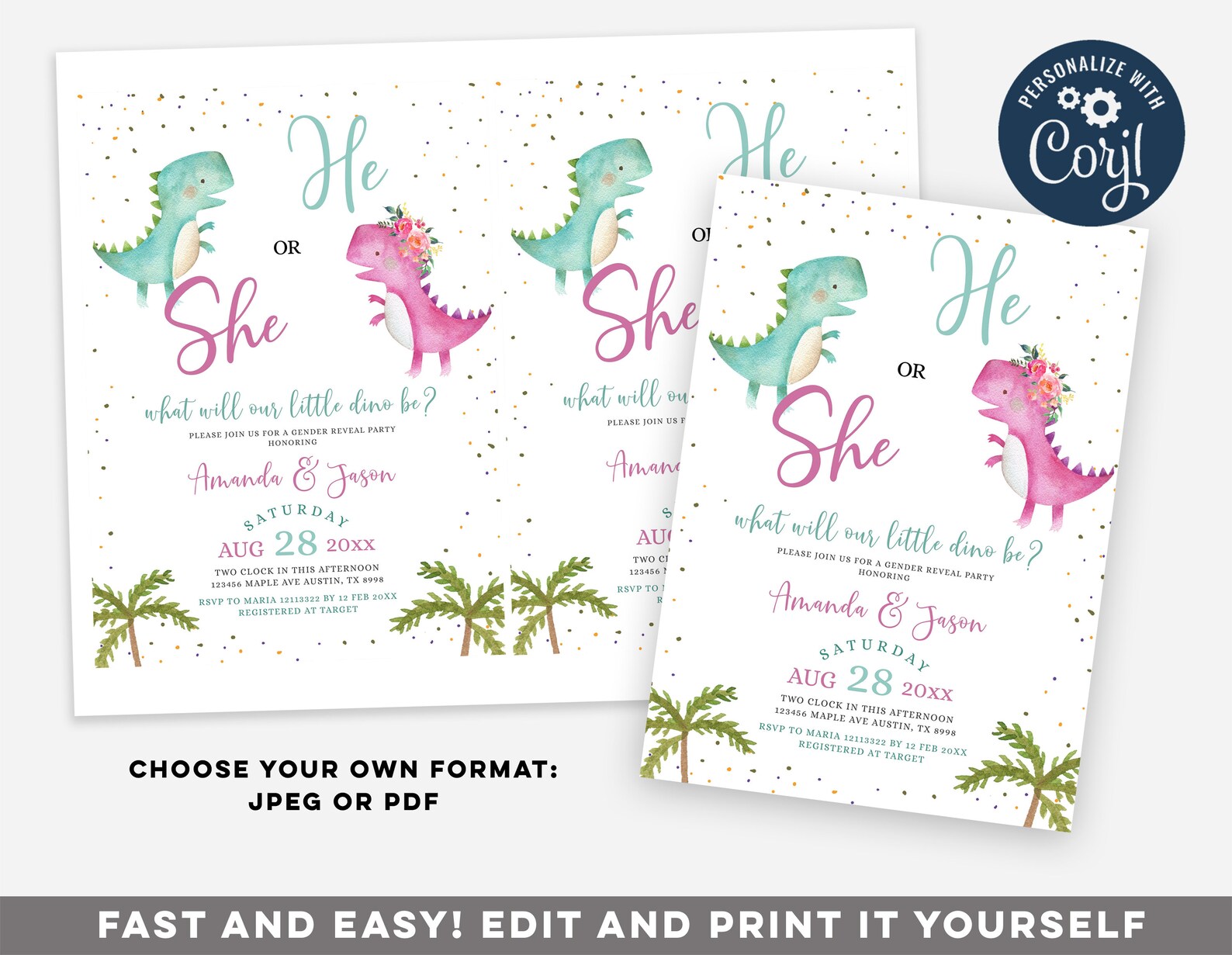 He or She Dinosaur Gender Reveal Invitation, Editable Blue and Pink ...