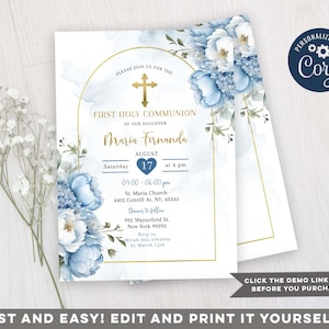 Editable Dusty Blue Gold Holy Communion Invitation, Elegant Baby Blue ...