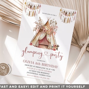 Editable Boho Glamping Birthday Party Invitation, Boho Teepee Sleepover Party, Kid's Glamping ...