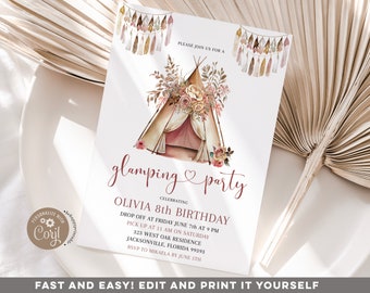 Printed Teepee Sleepover Camping Birthday Invitations, Any Age Invites ...